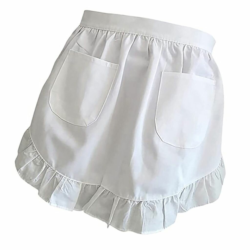 Кружевной фартук горничной с двойным карманом в виде листьев лотоса длиной до пояса -белый