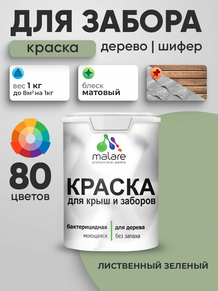 Акриловая краска Malare для деревянного забора/ по дереву для наружных и внутренних работ/ быстросохнущая моющаяся без запаха, матовая, лиственный зеленый, 1 кг.