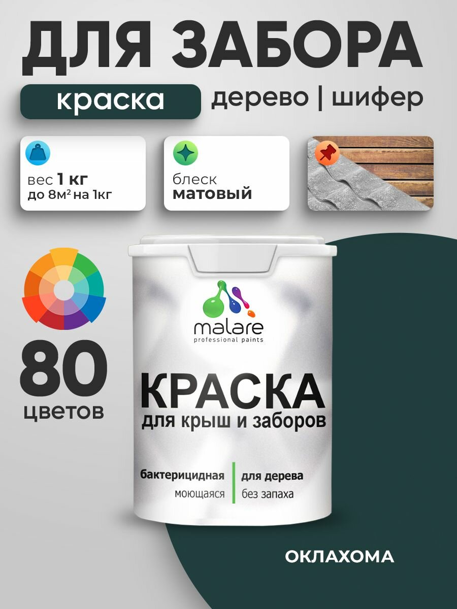 Акриловая краска Malare для деревянного забора/ по дереву для наружных и внутренних работ/ быстросохнущая моющаяся без запаха, матовая, оклахома, 1 кг.