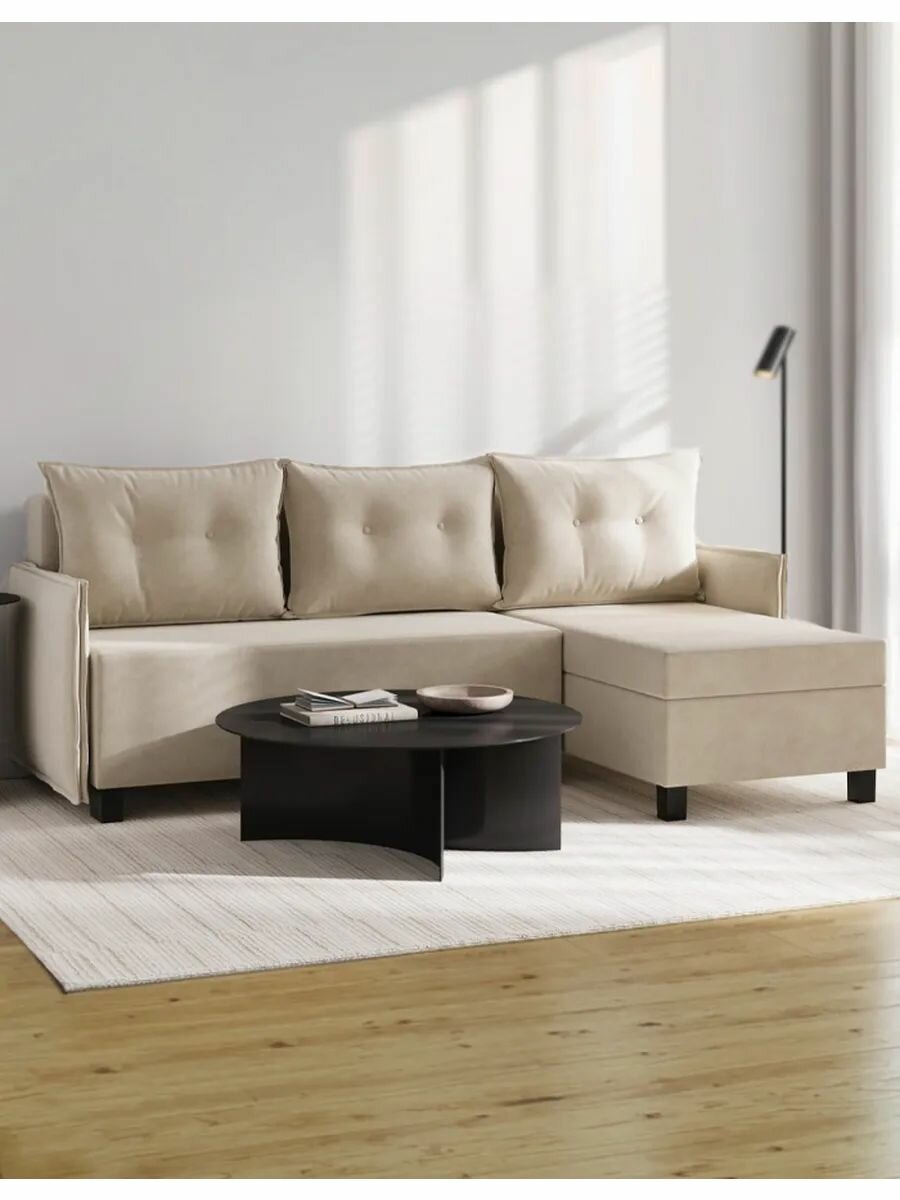 Диван кровать угловой Глэдис раскладной, плоские пружины змейка, тик-так, со съемными подушками, 131х203 см спальное место, Кремовый, велюр