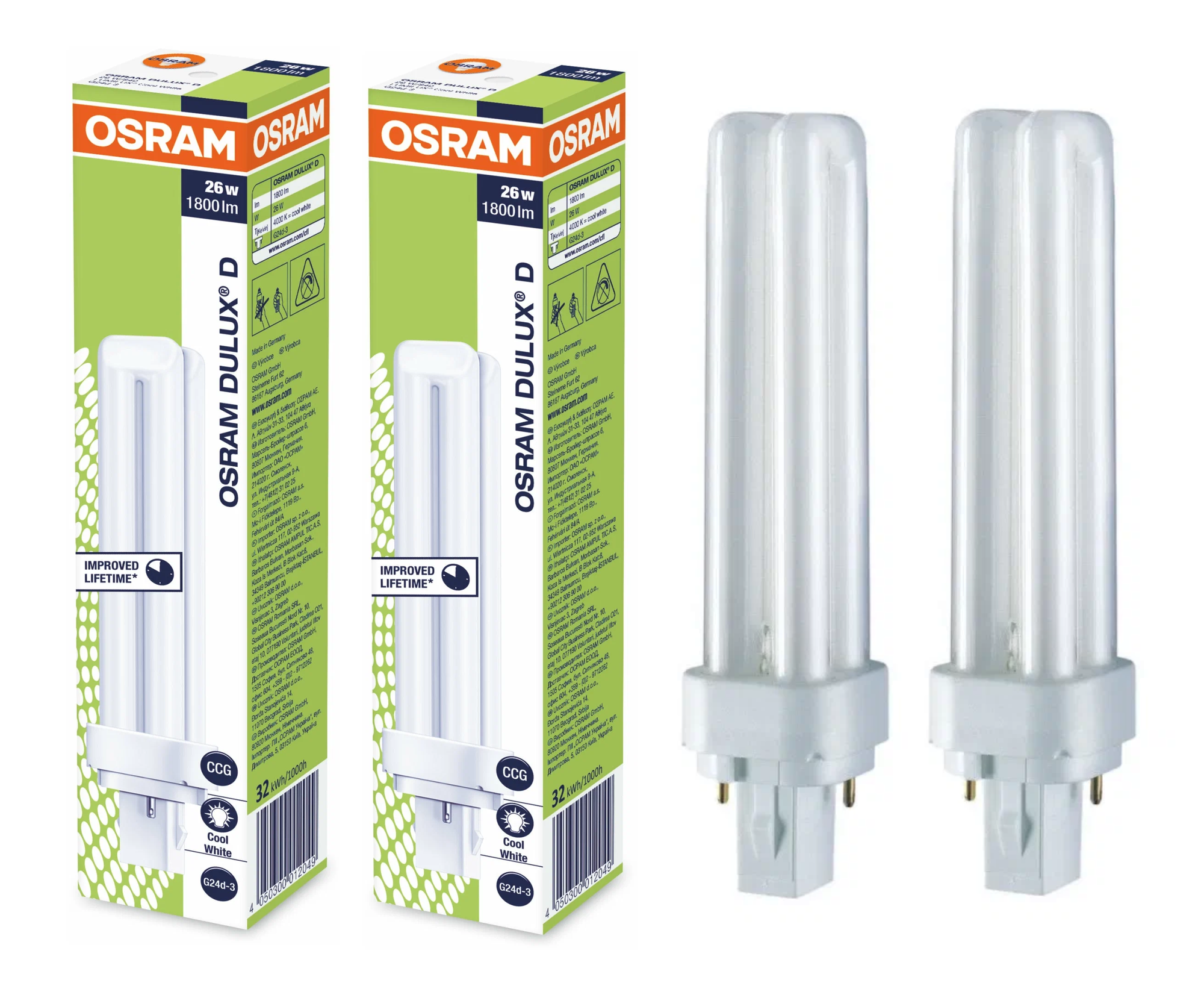 Лампы OSRAM DULUX D 26W/21-840, G24d-3, холодный белый, 4000К, 1800lm, люминесцентные, 2 штуки