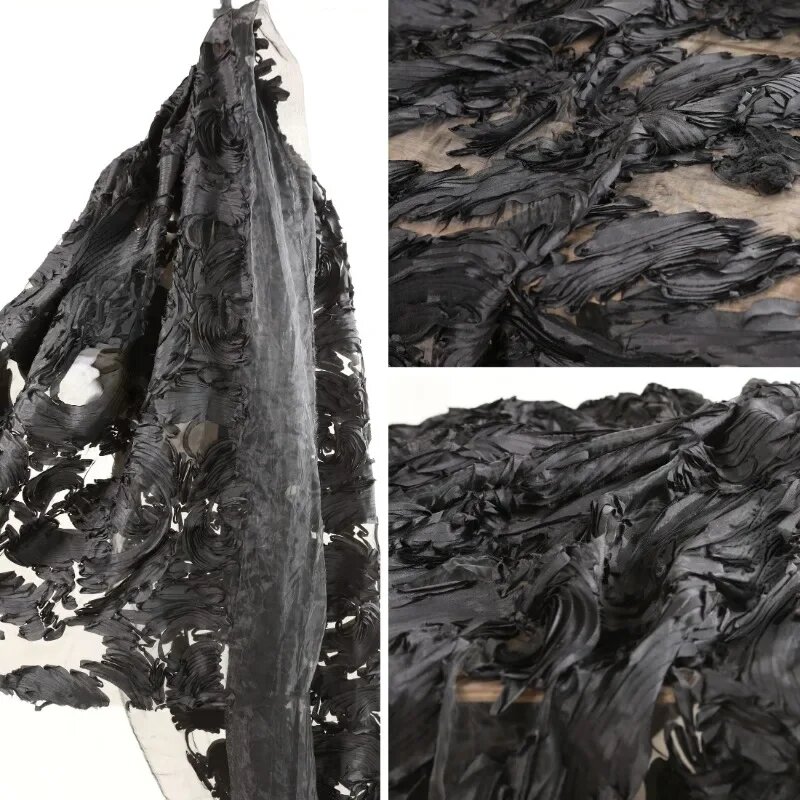 3D цветочный органза, черная, полиэстер