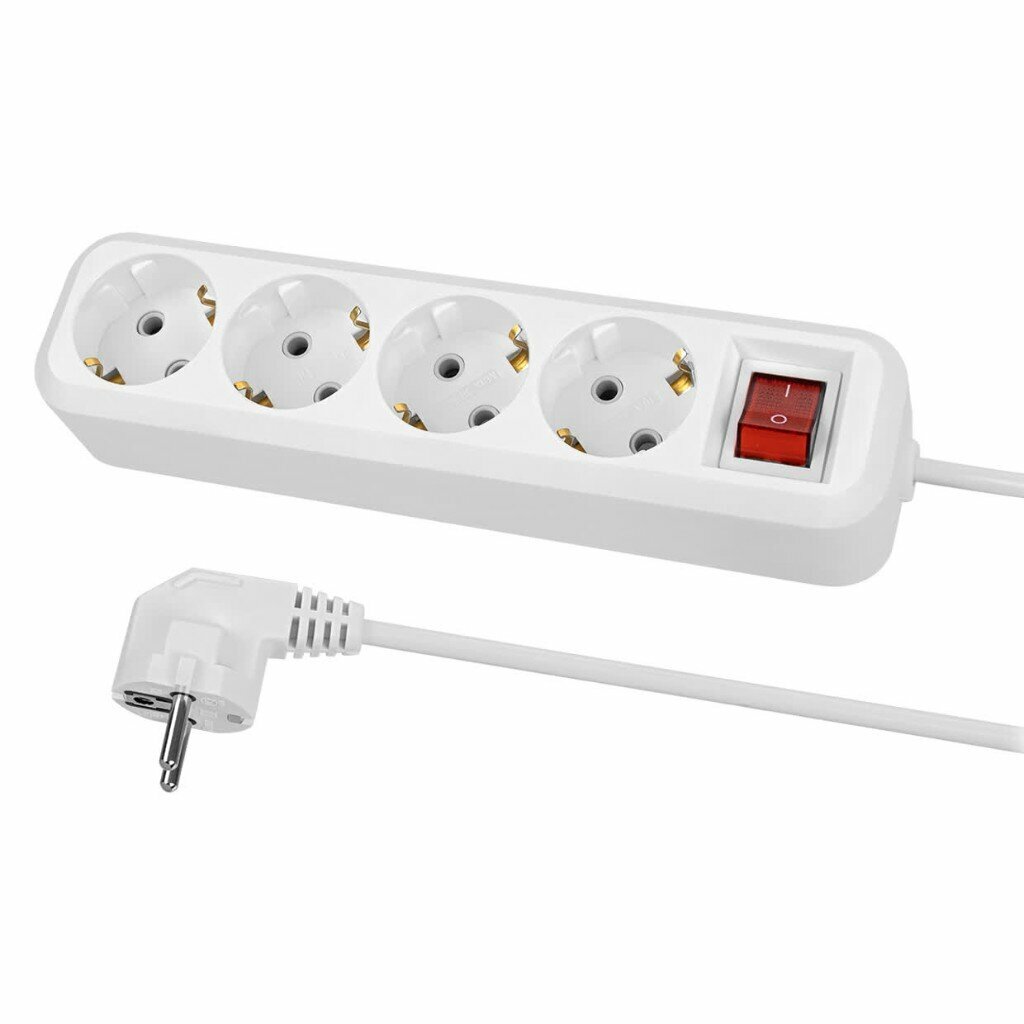 Удлинитель 4 гнезда, 3 м, с заземлением, 10 А, выключатель, 2300 Вт, белый, TDM Electric, Народный, SQ1303-11