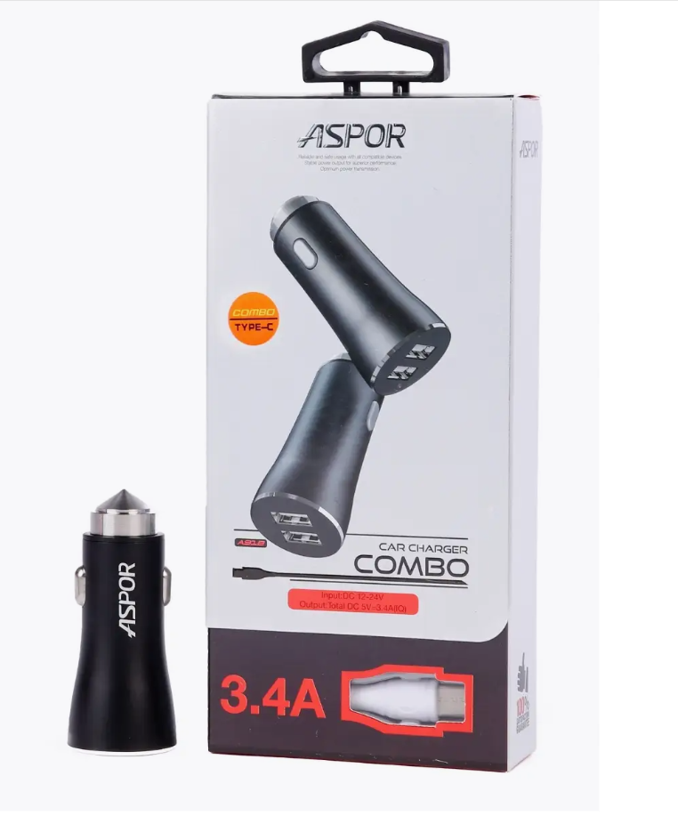 Автомобильное зарядное устройство для телефона Aspor АЗУ 2 в 1 Type-C A918T/ прикуриватель черный