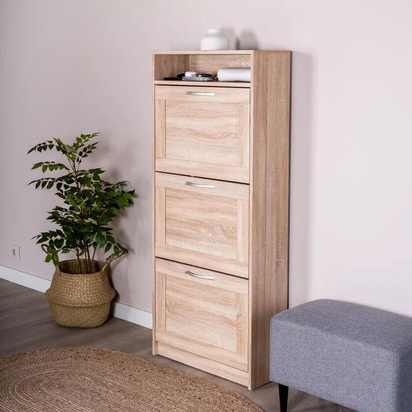 Тумба для обуви "Сириус", 3 откидных ящика, дуб сонома, 60 см х 25 см х 142 см, ЛДСП