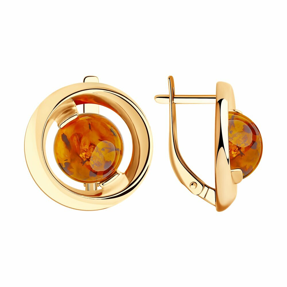 Серьги, серебро, 925 проба, золочение, янтарь прессованный