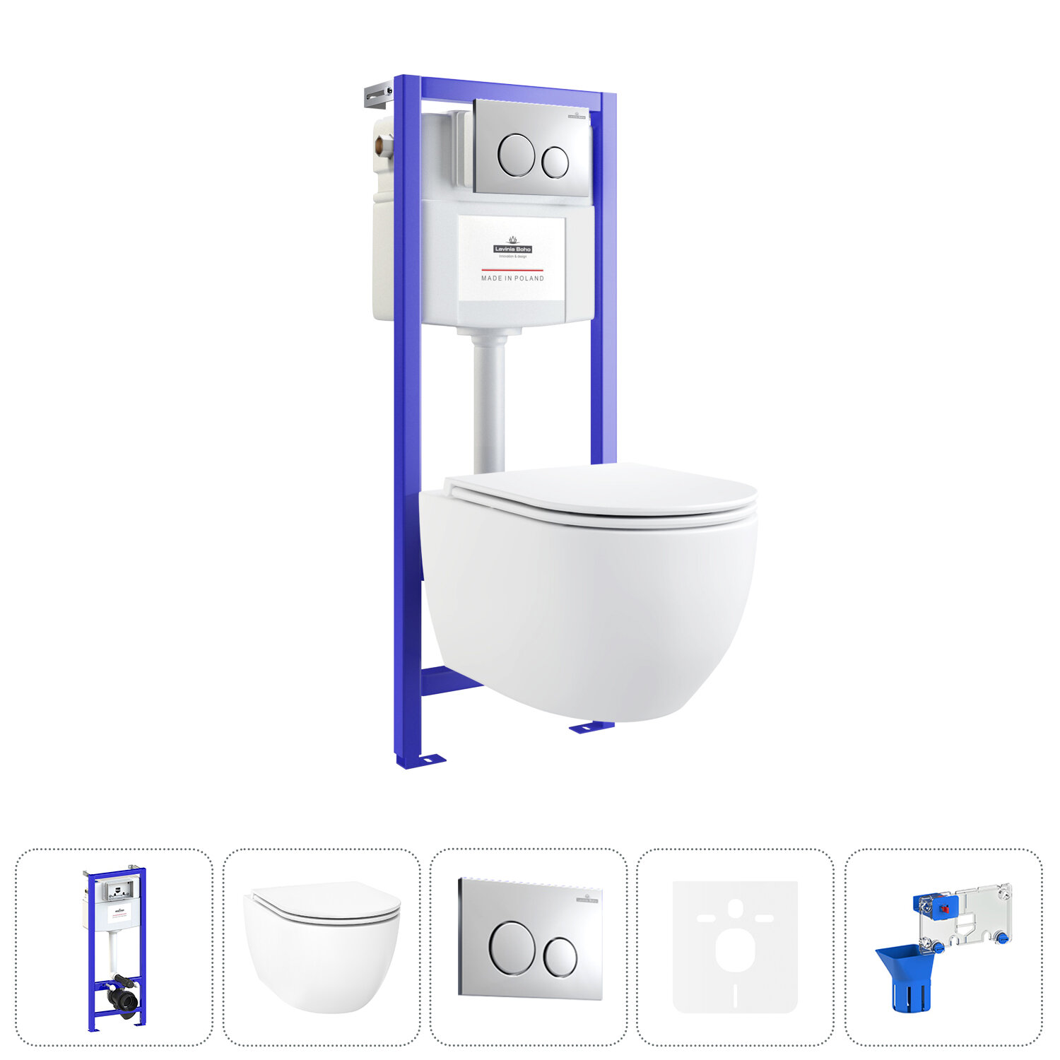 Инсталляция с унитазом в комплекте 7 в 1 Lavinia Boho RelFix 20219100R: безободковый подвесной унитаз торнадо (белый глянец), сиденье микролифт, инсталляция, шумоизоляция, крепление, кнопка, диспенсер