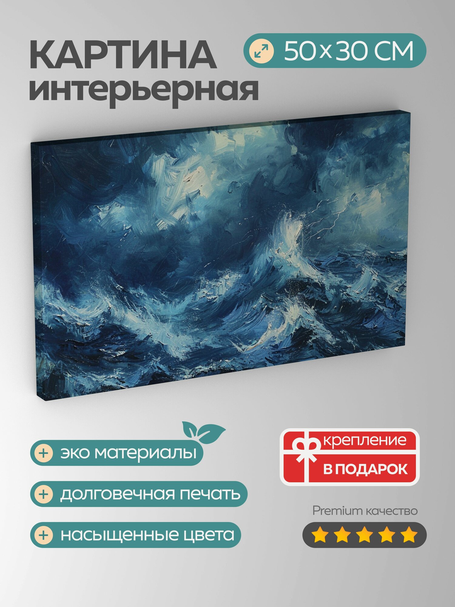 Картина на холсте интерьерная 50х30 см, шторм, море, волны, берег, синие тона, серые тона, динамичная композиция, тени