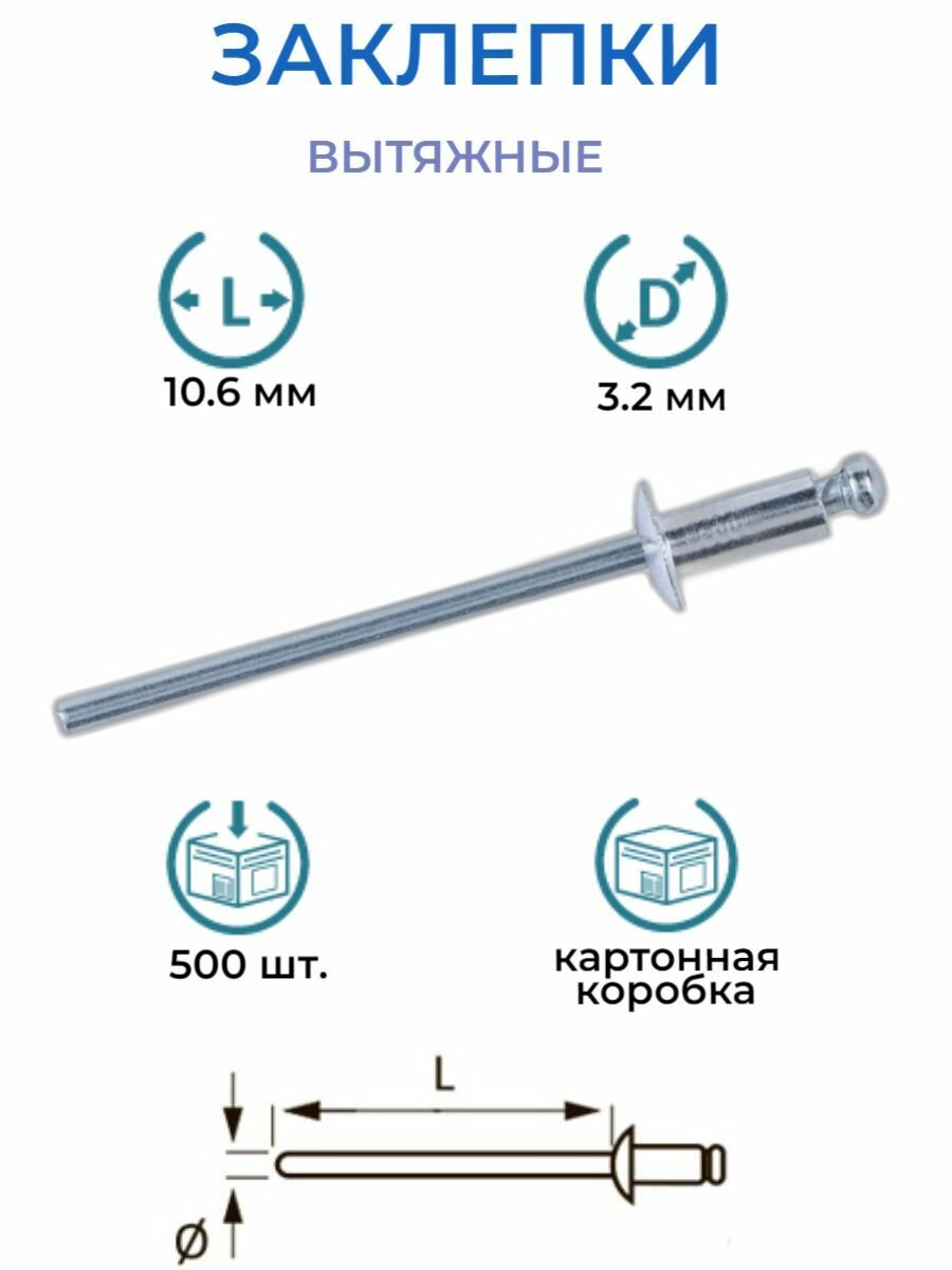 Заклепки вытяжные 3.2 мм*10.6 мм 500шт SIGMA алюминиевые