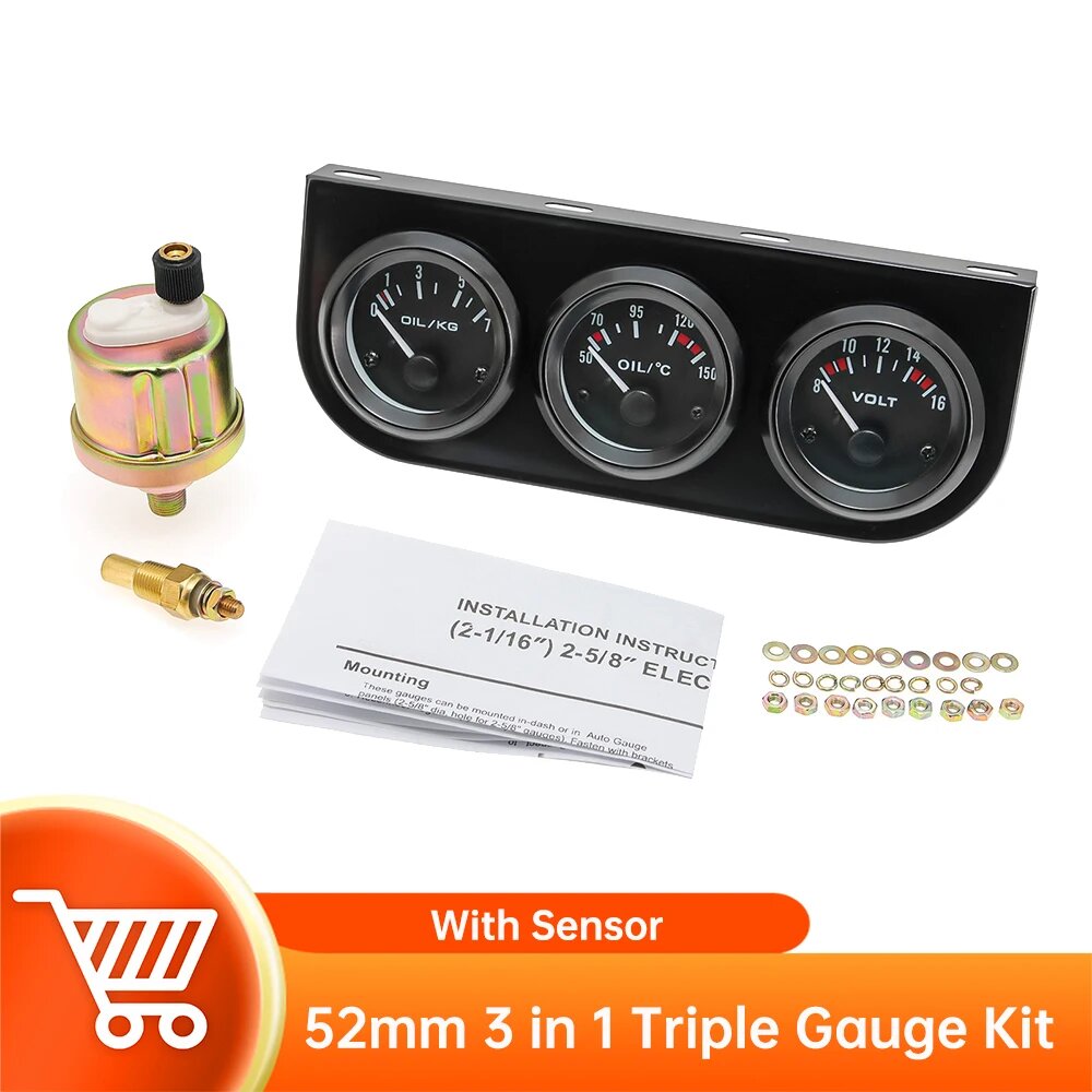 52 мм электрический тройной комплект 3 в 1, автомобильный манометр, вольтметр + манометр температуры масла + манометр масла с датчиком температуры и давления