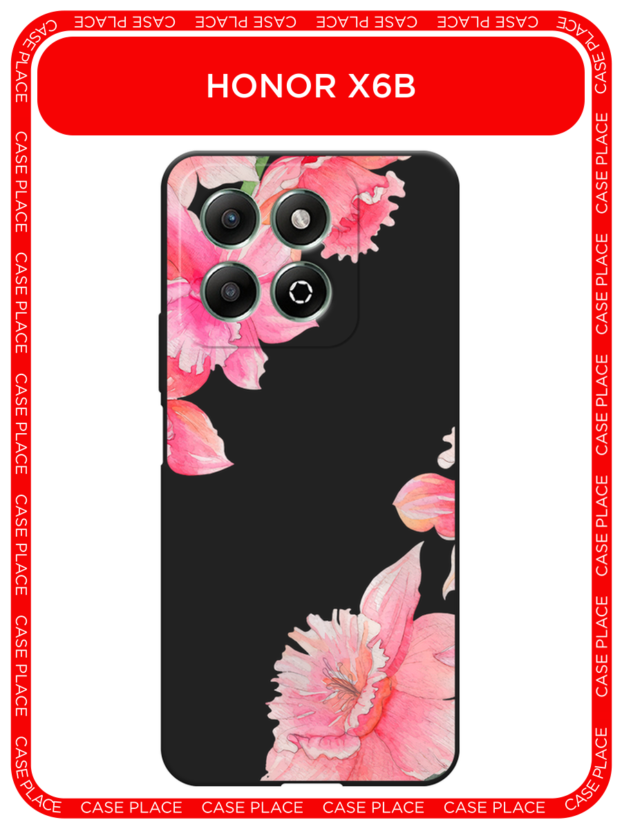 Черный матовый чехол на Honor X6b / Хонор X6b с принтом Розовые цветочные уголки
