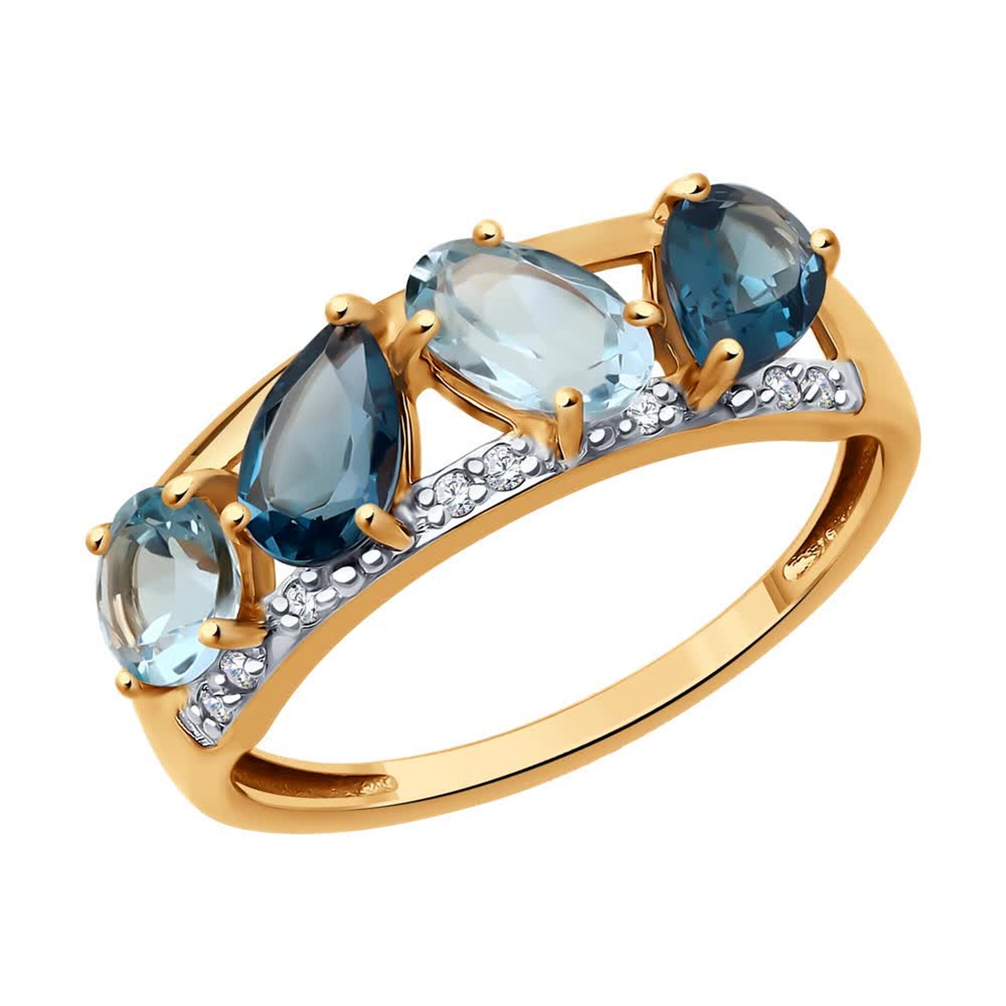 Кольцо дорожка, красное золото, 585 проба, топаз, фианит, Лондон топаз