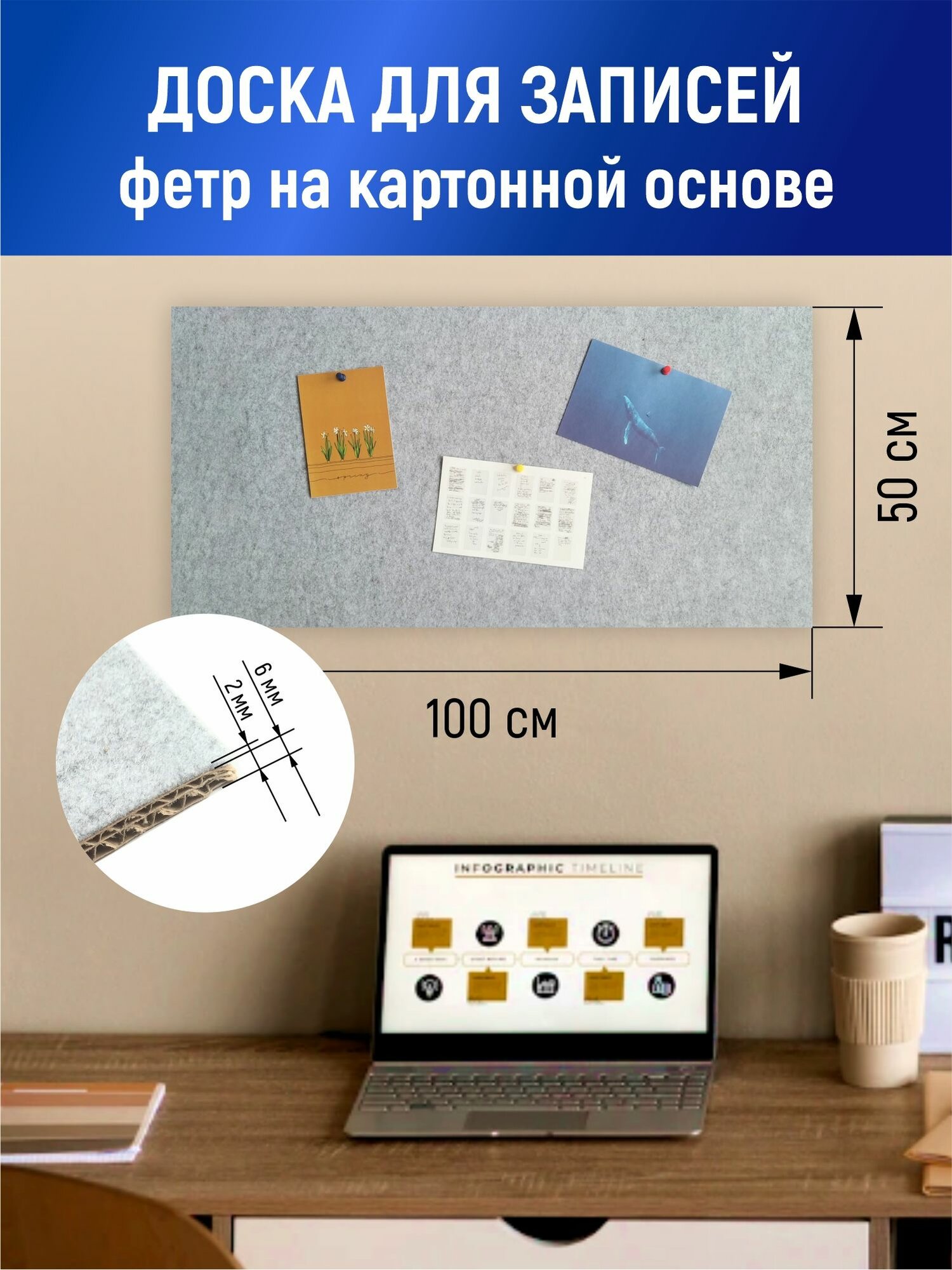 Пробковая доска для заметок, информации и фотографий, без рамы, 100*50 см из фетра серая, толщина 8 мм, Stendplus, информационный настенный стенд органайзер