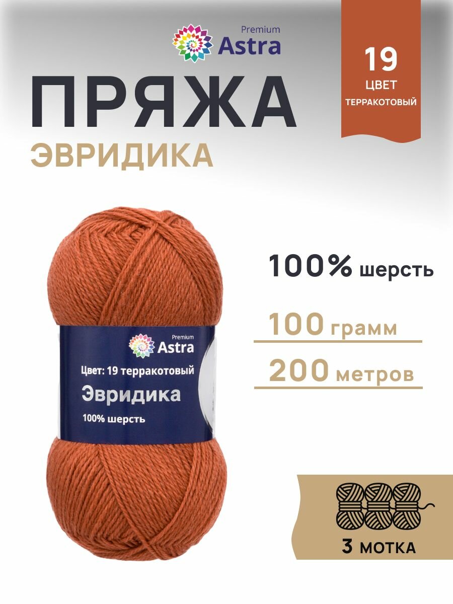 Пряжа для вязания Astra Premium 'Эвридика' 100г, 200м (100% овечья шерсть) (19 терракотовый), 3 мотка