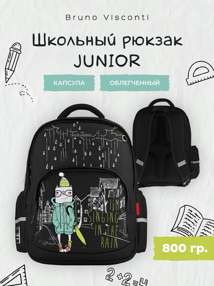 Рюкзак школьный классический для мальчика Bruno Visconti "RAINY DAY.CAT", черный, с эргономичной спинкой арт.12-002-205/01