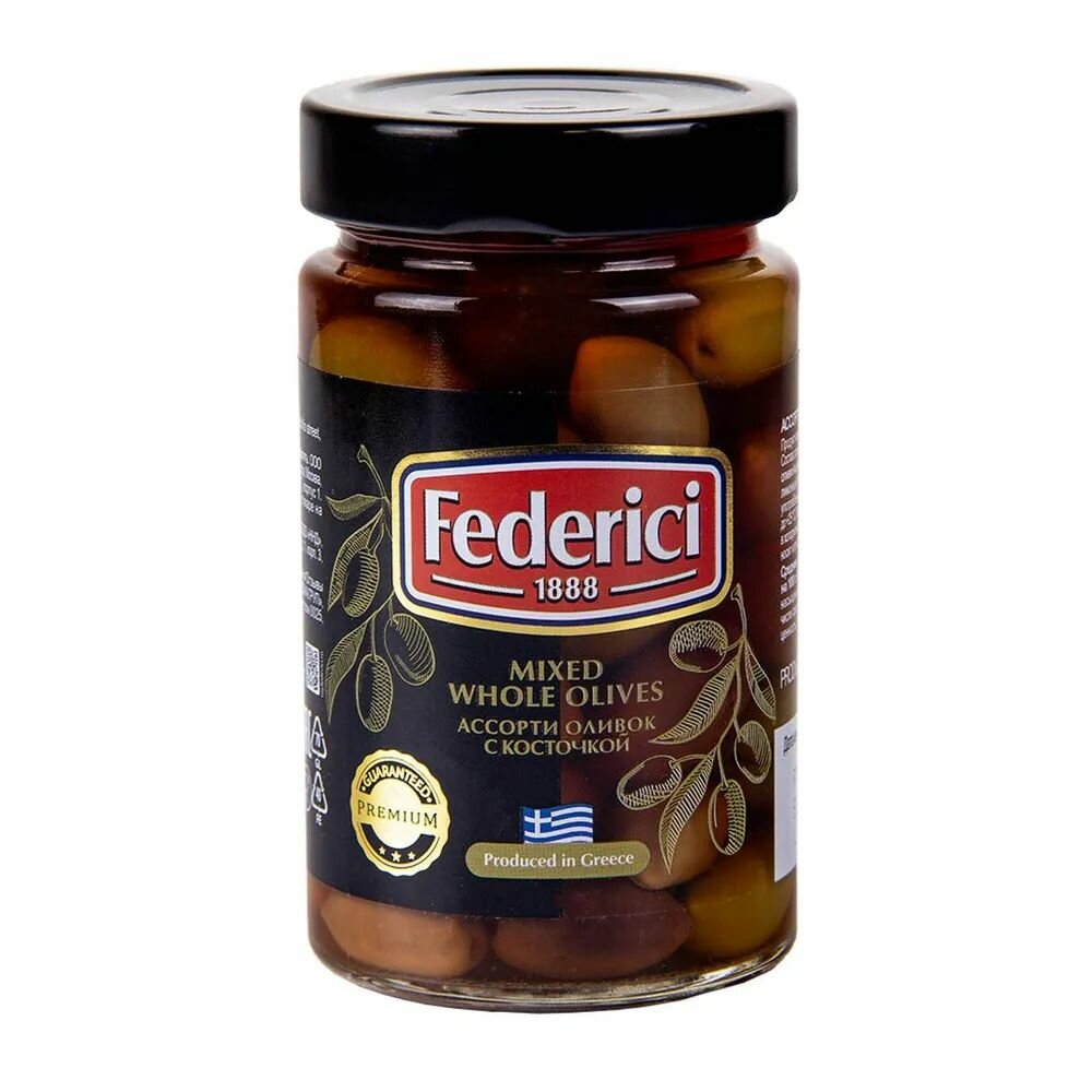 Оливки Federici ассорти, в маринаде, с косточкой, 300 гр, стекло
