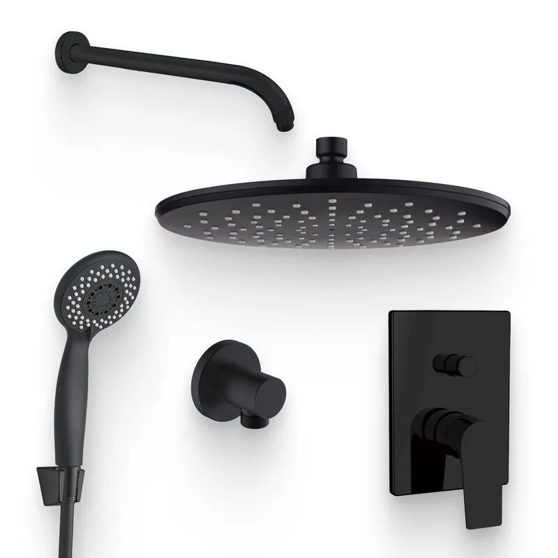 Душевой комплект Смеситель Aquanet Static AF330-51B С внутренней частью, чёрный + Душевая лейка AF000-07B чёрная матовая + Подключение AF330-92B чёрное матовое + Душ AF330-84-R250B черный матовый + Кронштейн AF330-91B чёрный матовый