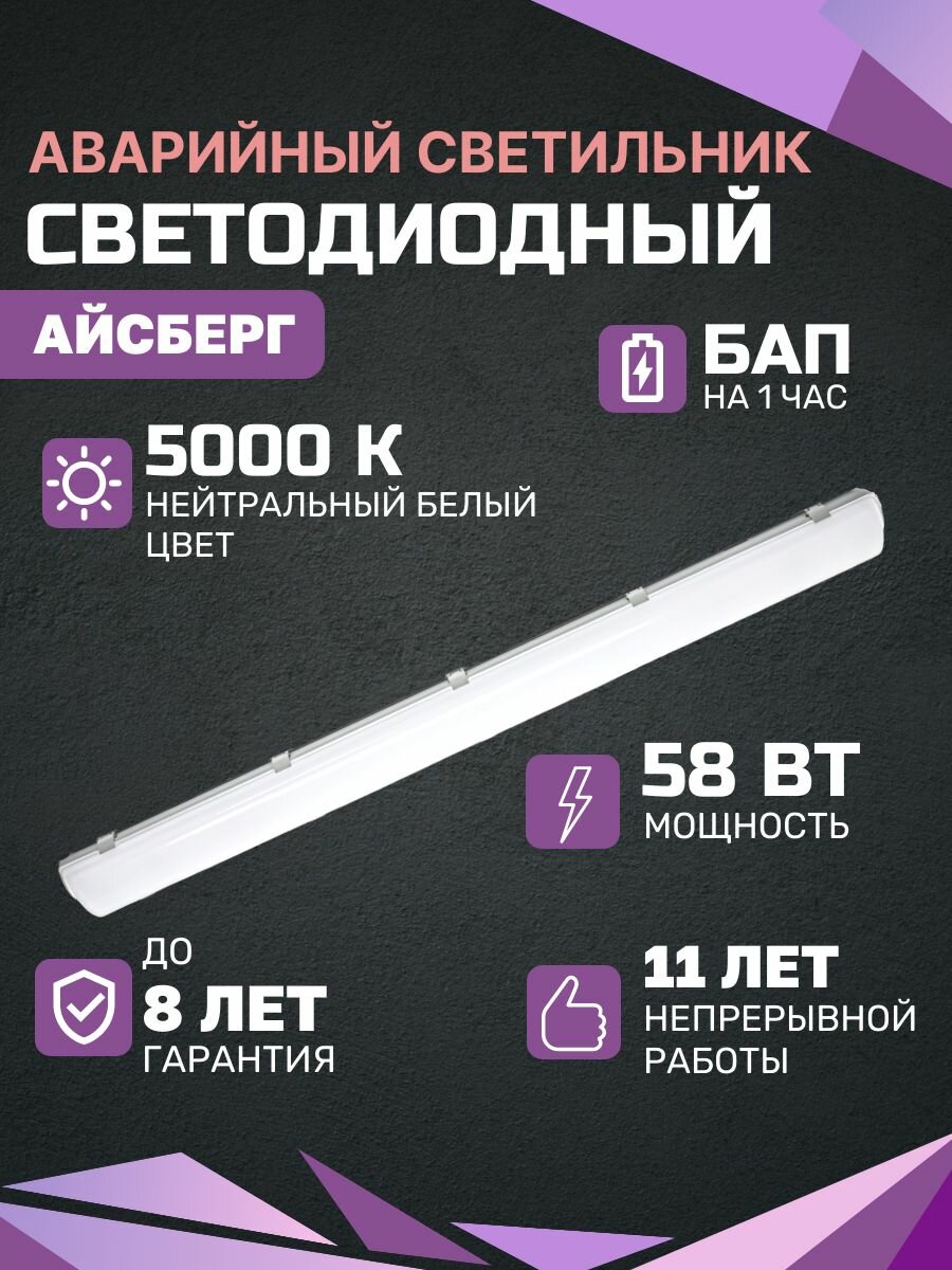 Светильник аварийный Айсберг 58 Вт, 7250Lm, 5000К, IP65, Опал, Бап, светодиодный, настенно-потолочный