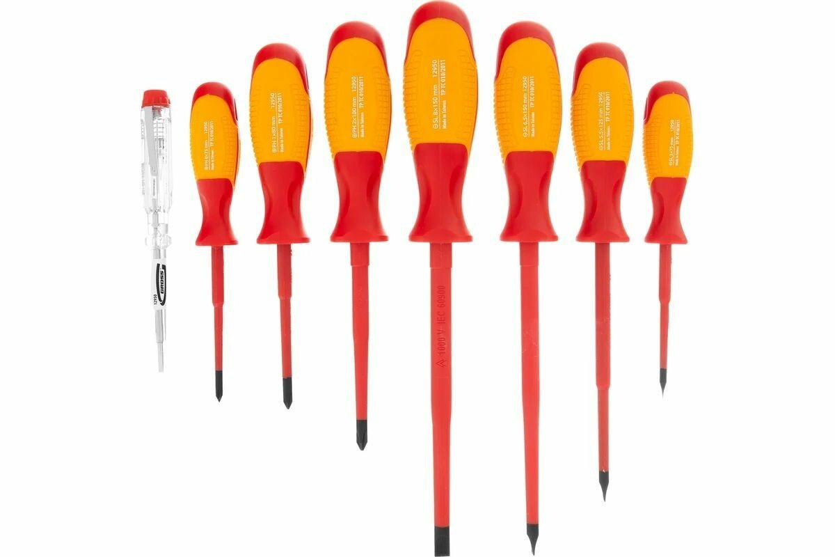 Набор диэлектрических отверток до 1000В, тестер, CrMo, 8шт GROSS 12950