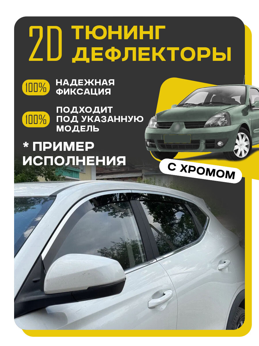 Плоские тюнинг дефлекторы с хромом для Renault Clio 2 (1998-2013) хэтчбек / Ветровики для Рено Клио 2. Комплект 4 шт.