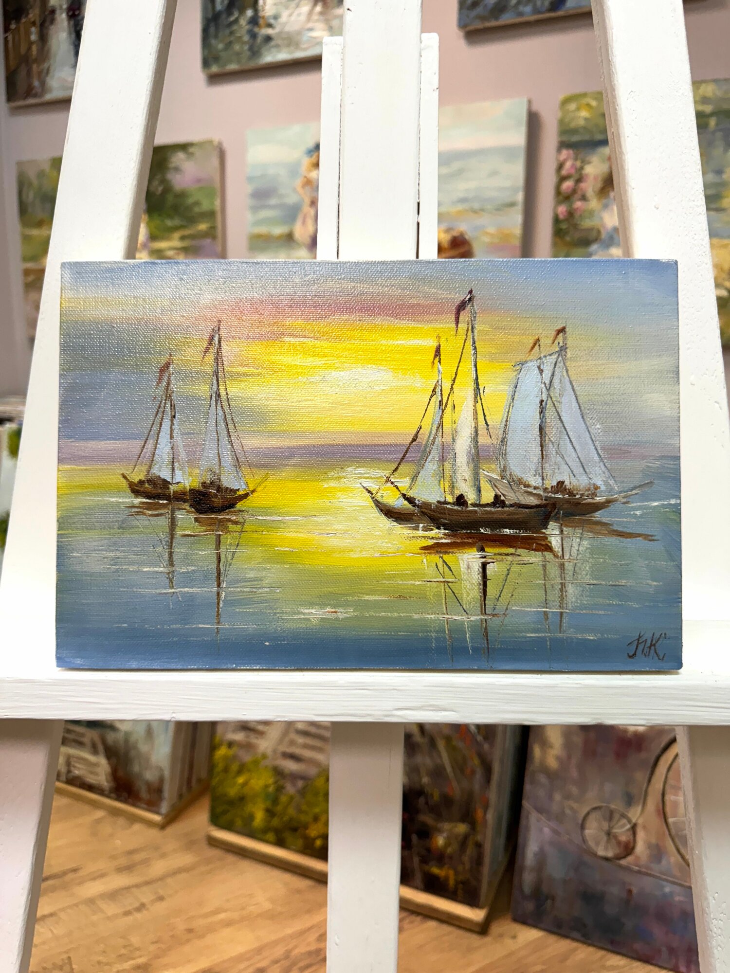 Картина маслом импрессионизм Морской пейзаж, Парусники 20х30 см. Художественная мастерская Грёзы.
