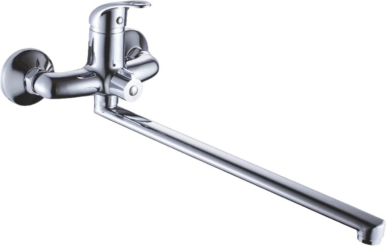 Смеситель с длинным изливом для ванны Cron CN15 CN2215 с душевым гарнитуром, поворотный, металлический, хром, глянцевый, смеситель для ванны с душем, рычажный, с настенным держателем