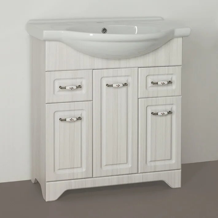 Тумба с раковиной Style Line Олеандр-2 75 напольная, 76 см, светлое дерево, матовая, из МДФ, с ящиками, с дверками, раковина для ванной фарфоровая, прямоугольная