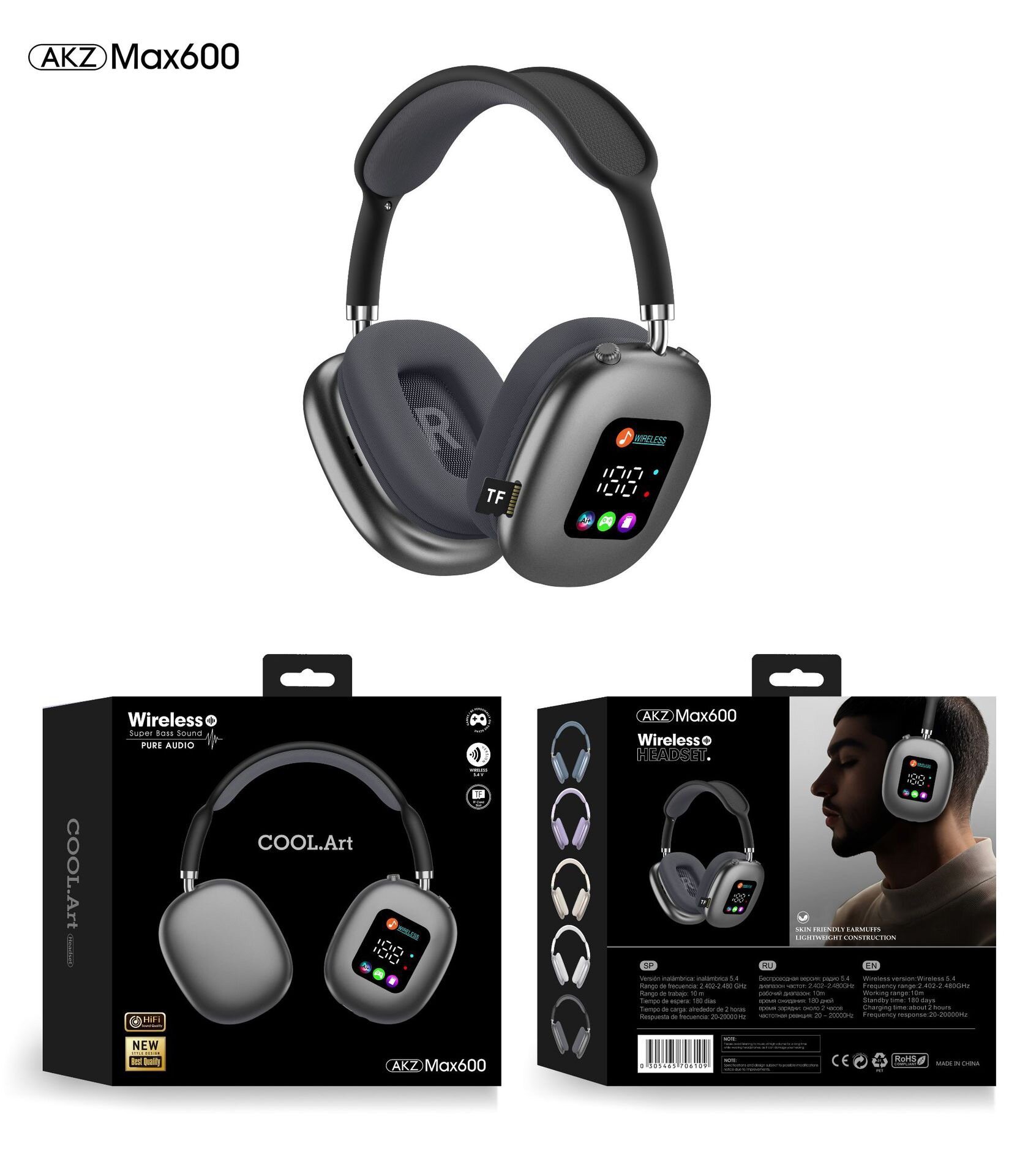 Новые беспроводные накладные наушники PRO MAX600, RGB-цифровой экран, для компьютера, Bluetooth-гарнитура