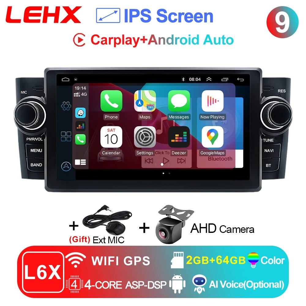 Автомагнитола LEHX L6 Pro 1DIN Android 14, мультимедийная Автомобильная магнитола для Fiat Punto Grande Linea 2007-2012, GPS-навигация, головное устройство для Carplay, dvd, L6X(2-64GB)CAM
