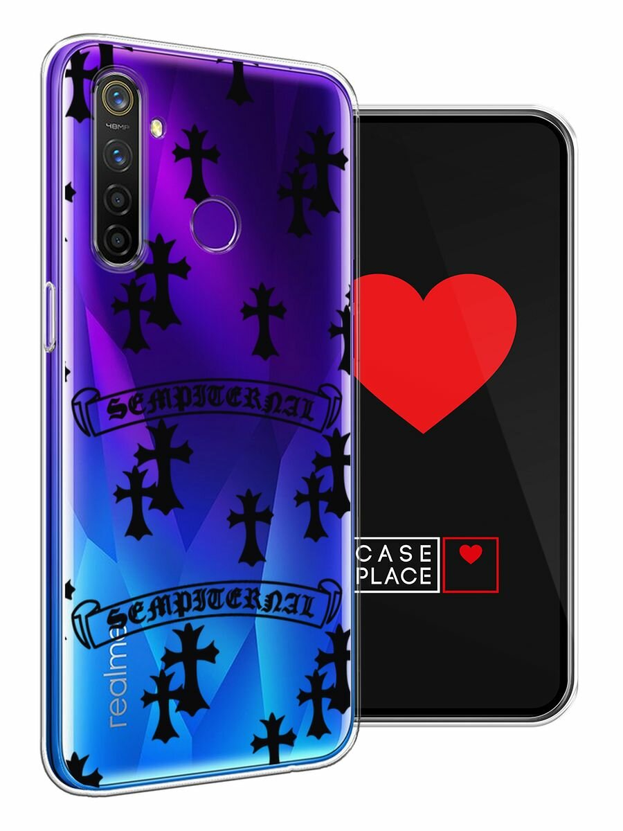 Чехол на Realme 5 Pro / Реалми 5 Про с принтом "Кресты паттерн чёрный", прозрачный — фото 1