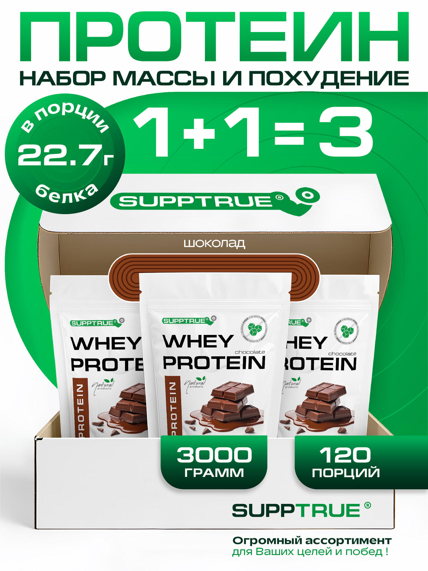 Протеин сывороточный 3кг Supptrue / whey protein/ набор протеинов Шоколад 120 порций