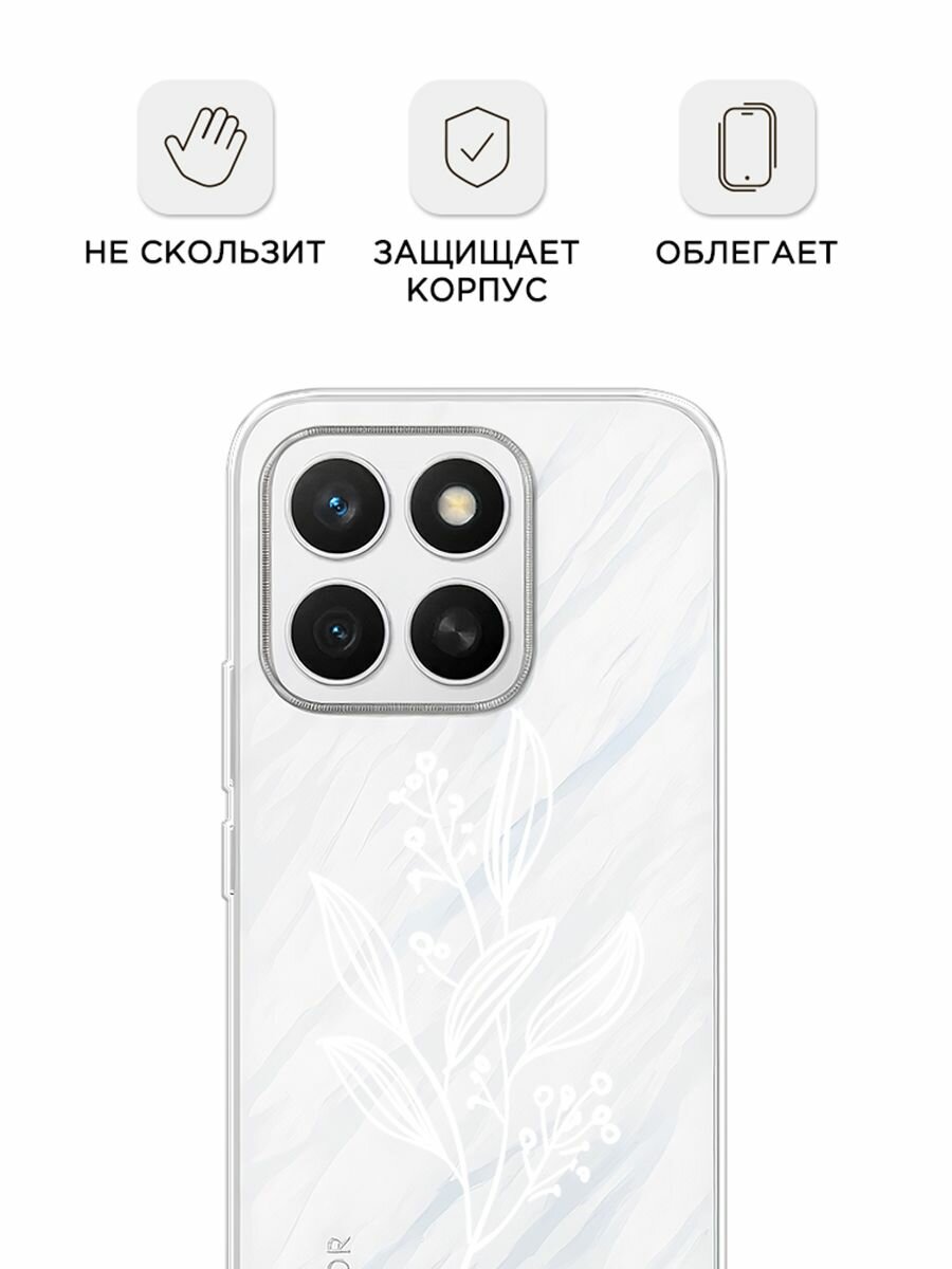 Чехол на Honor X8c / Хонор X8c с принтом "Ветка с листочками и цветами", прозрачный — фото 1