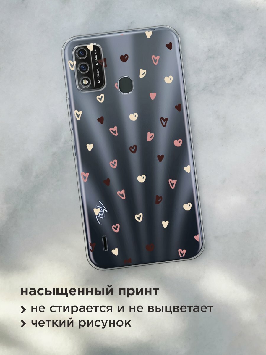 Чехол на Itel A48 / Ител А48 с принтом "Сердечки паттерн рисунок", прозрачный — фото 1