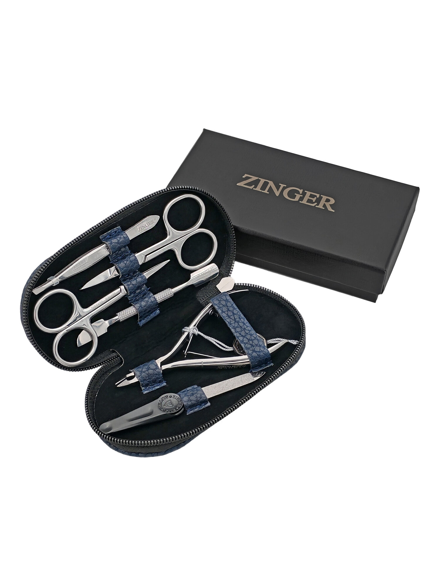 Маникюрный набор Zinger 7104, 6 предметов, медицинская сталь, серебристый/синий матовый