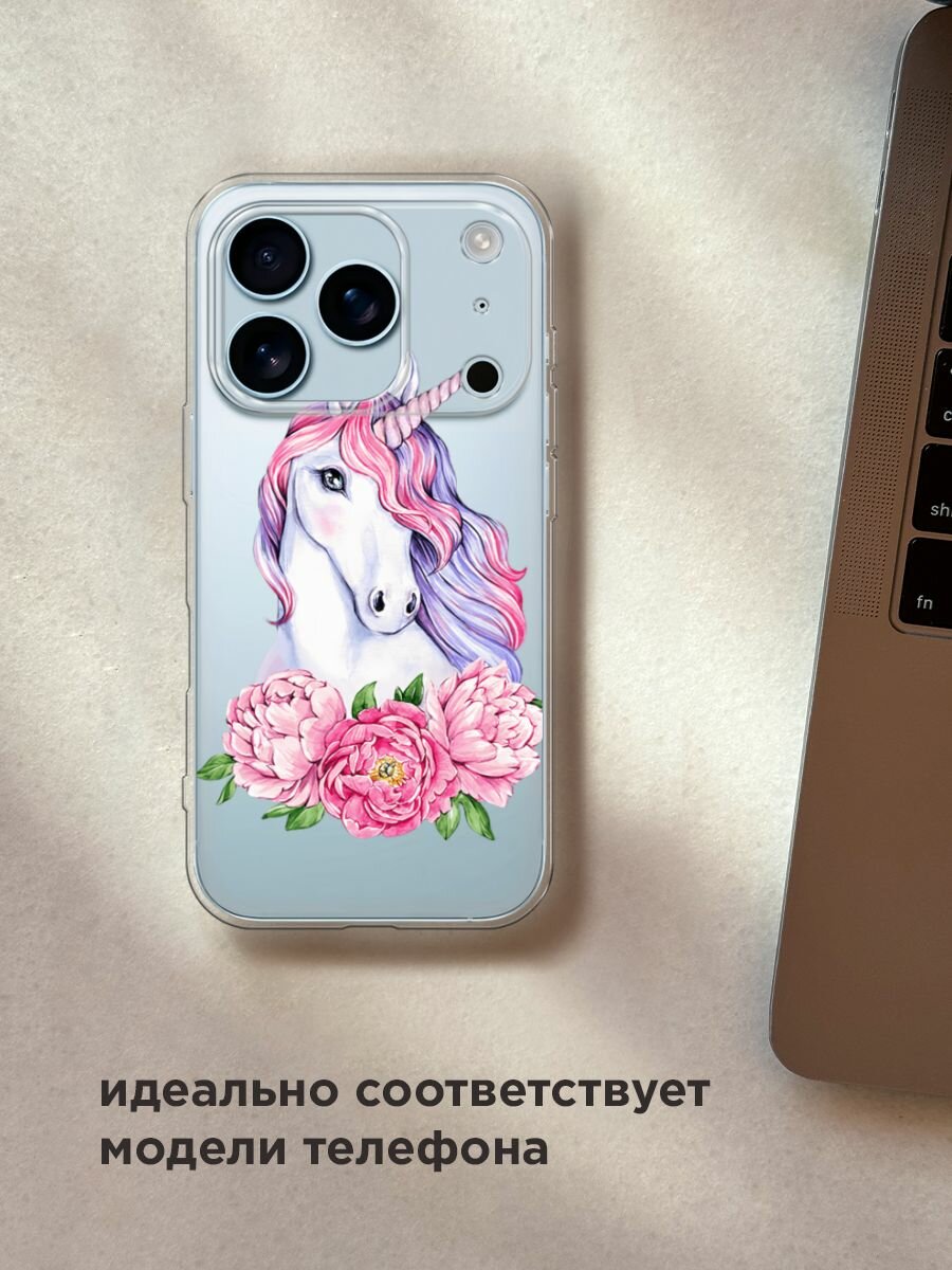 Чехол на Apple iPhone 17 Pro / Айфон 17 Про с принтом "Единорог с пионами", прозрачный — фото 1