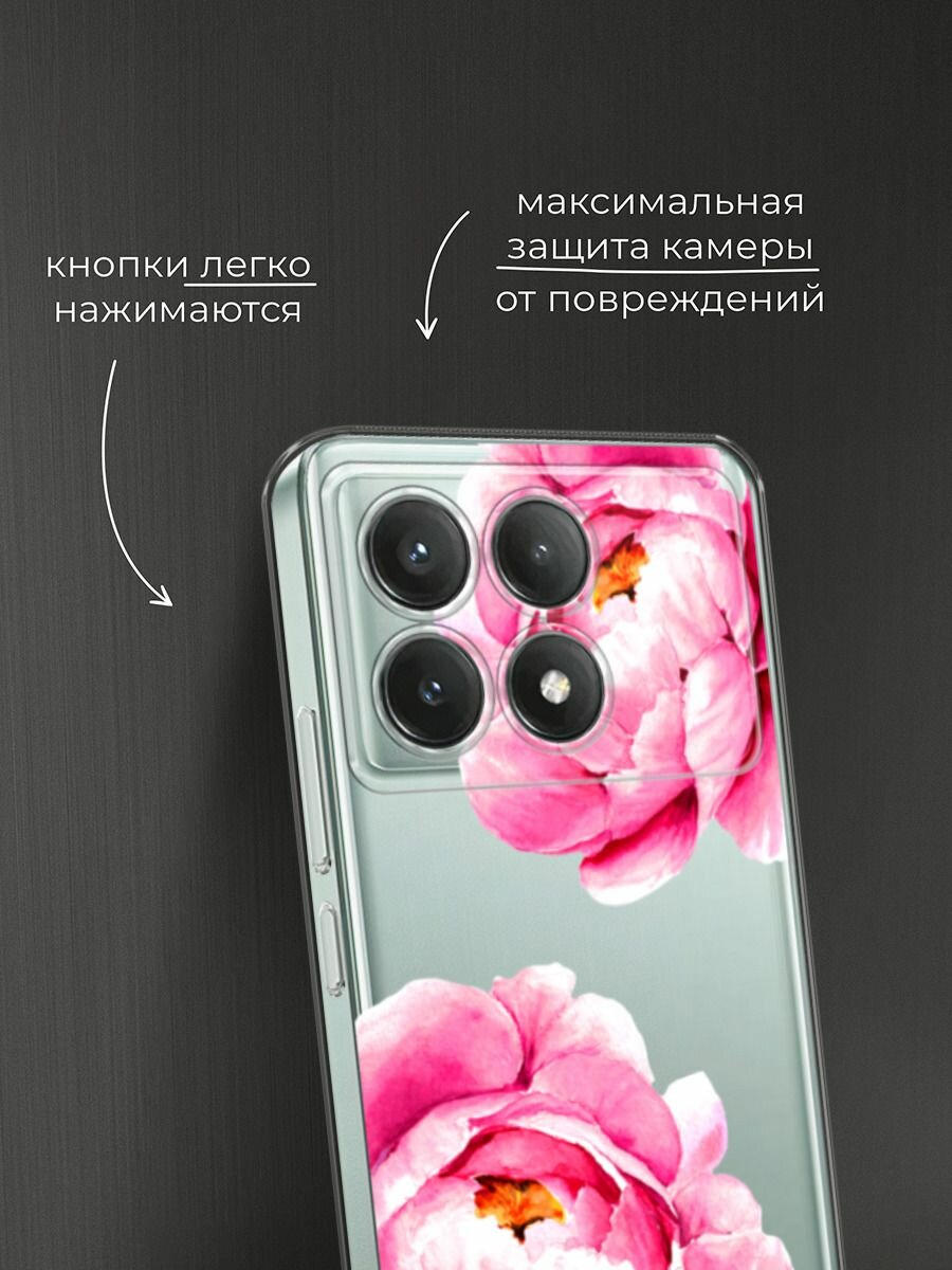 Чехол на Xiaomi Poco X6 PRO 5G / Поко X6 Про 5G с принтом "Open peonies", прозрачный — фото 1