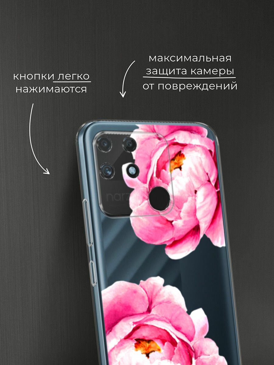 Чехол на Realme Narzo 50A / Реалми Нарзо 50A с принтом "Open peonies", прозрачный — фото 1