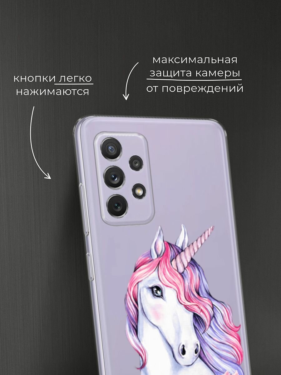 Чехол на Samsung Galaxy A73 / Самсунг Галакси А73 с принтом "Единорог с пионами", прозрачный — фото 1