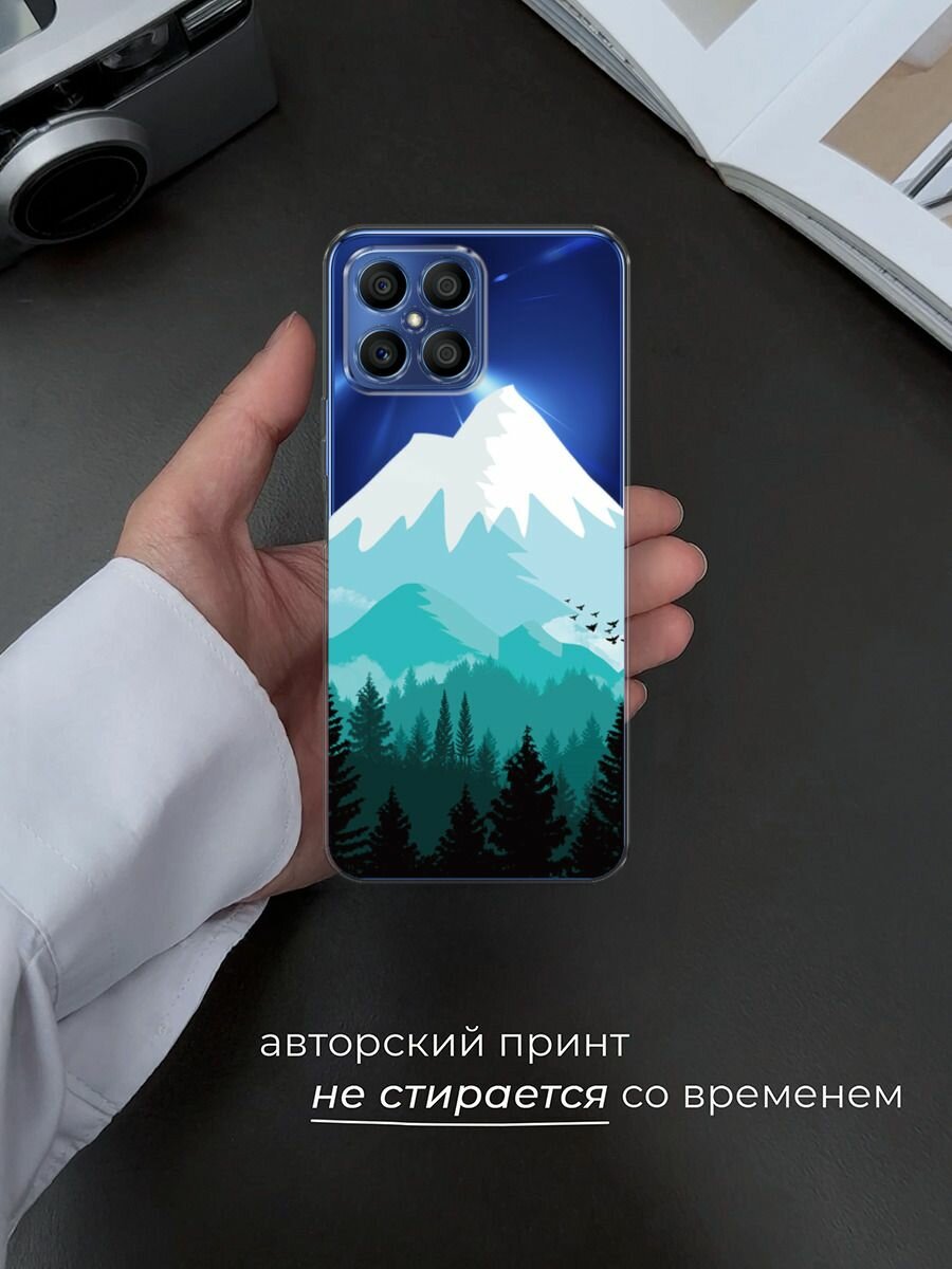 Чехол на Honor X8 / Хуавей X8 с принтом "Синяя снежная гора", прозрачный — фото 1