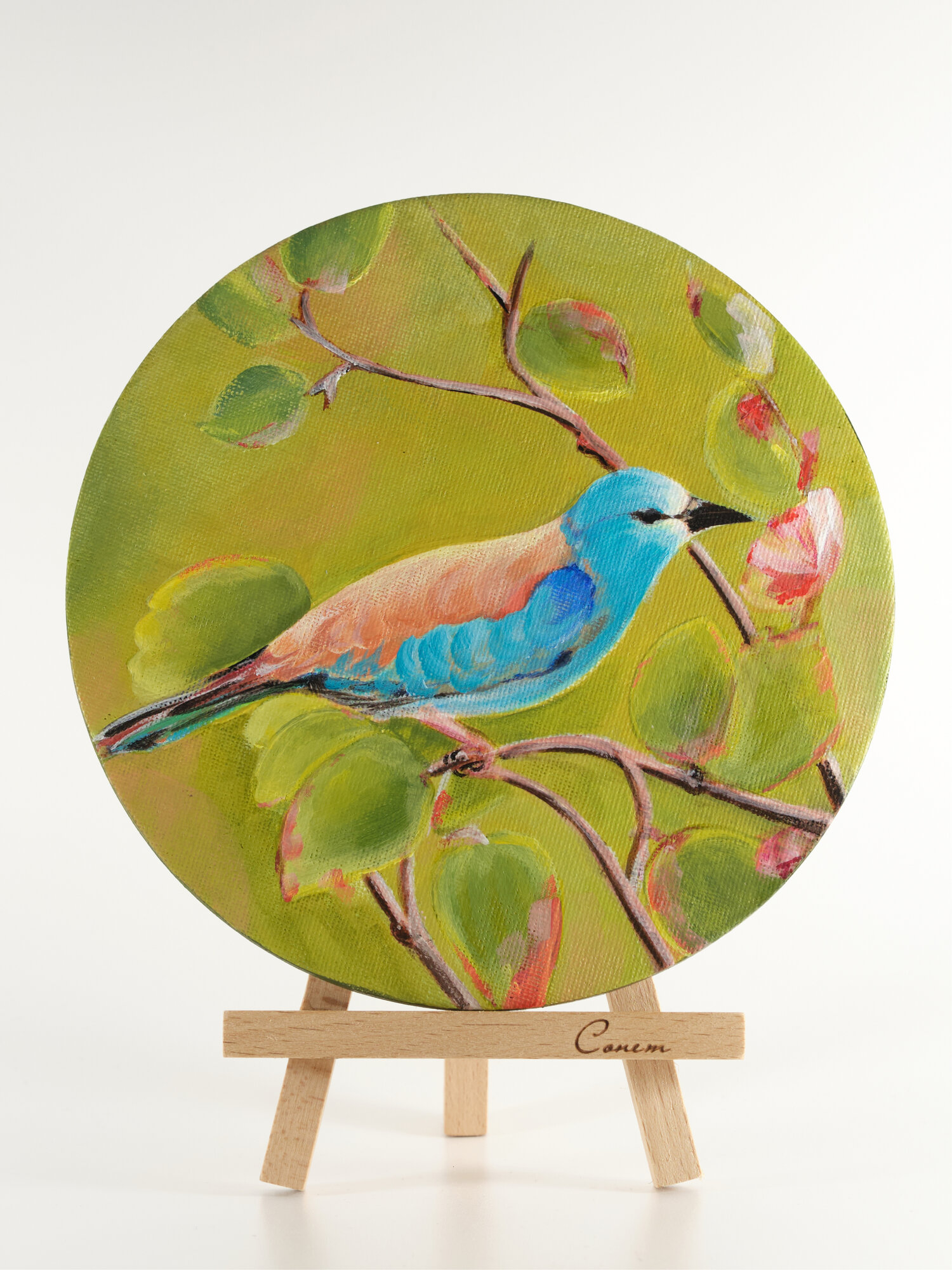 Картина ручной работы "Сизоворонка" круглая, Ø18 см, акрил на холсте с мольбертом-подставкой