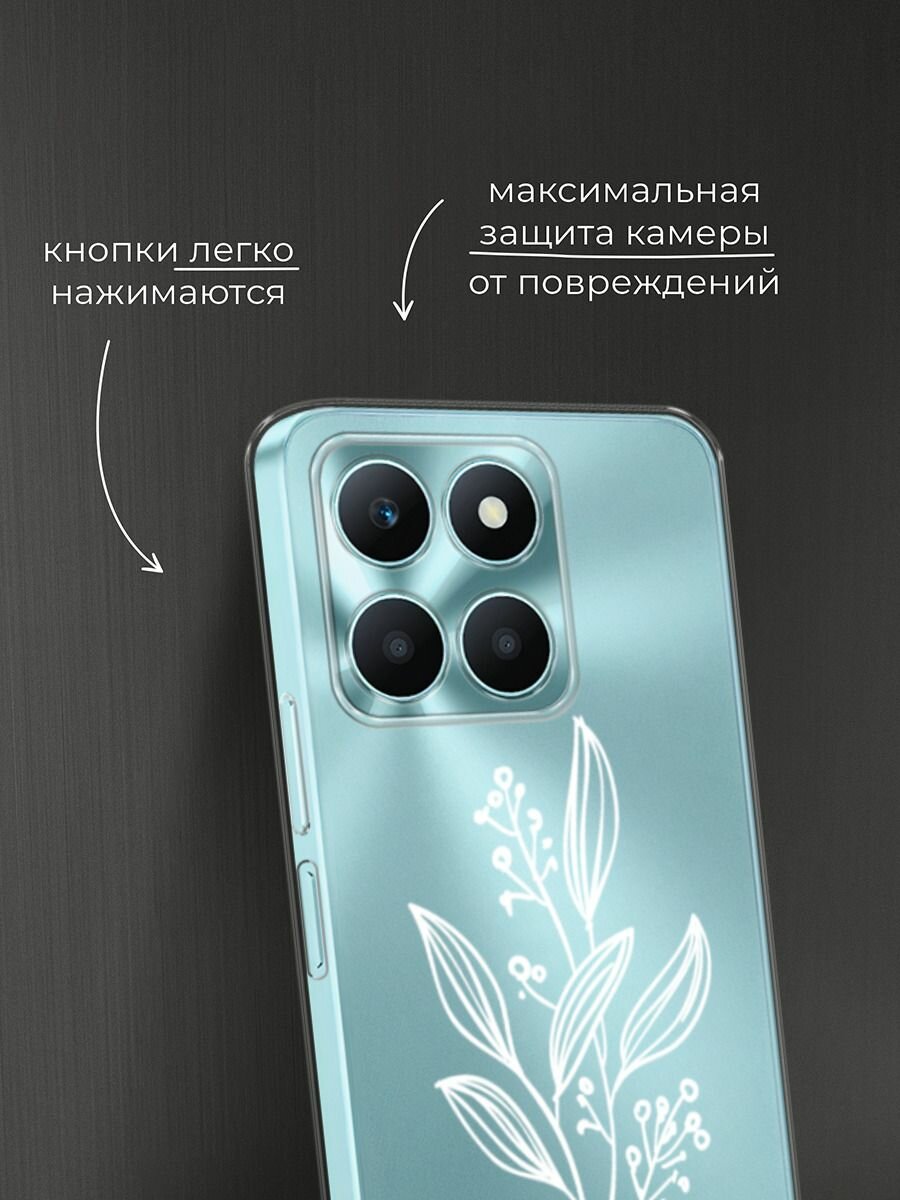Чехол на Honor X6A / Хонор X6A с принтом "Ветка с листочками и цветами", прозрачный — фото 1