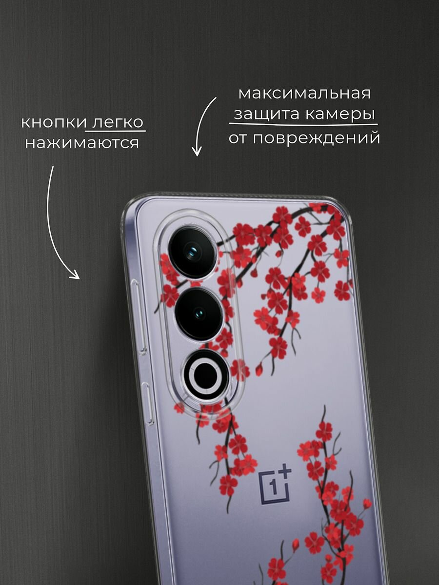 Чехол на Oneplus Ace 3V / Ван Плас Эйс 3V с принтом "Красная сакура", прозрачный — фото 1