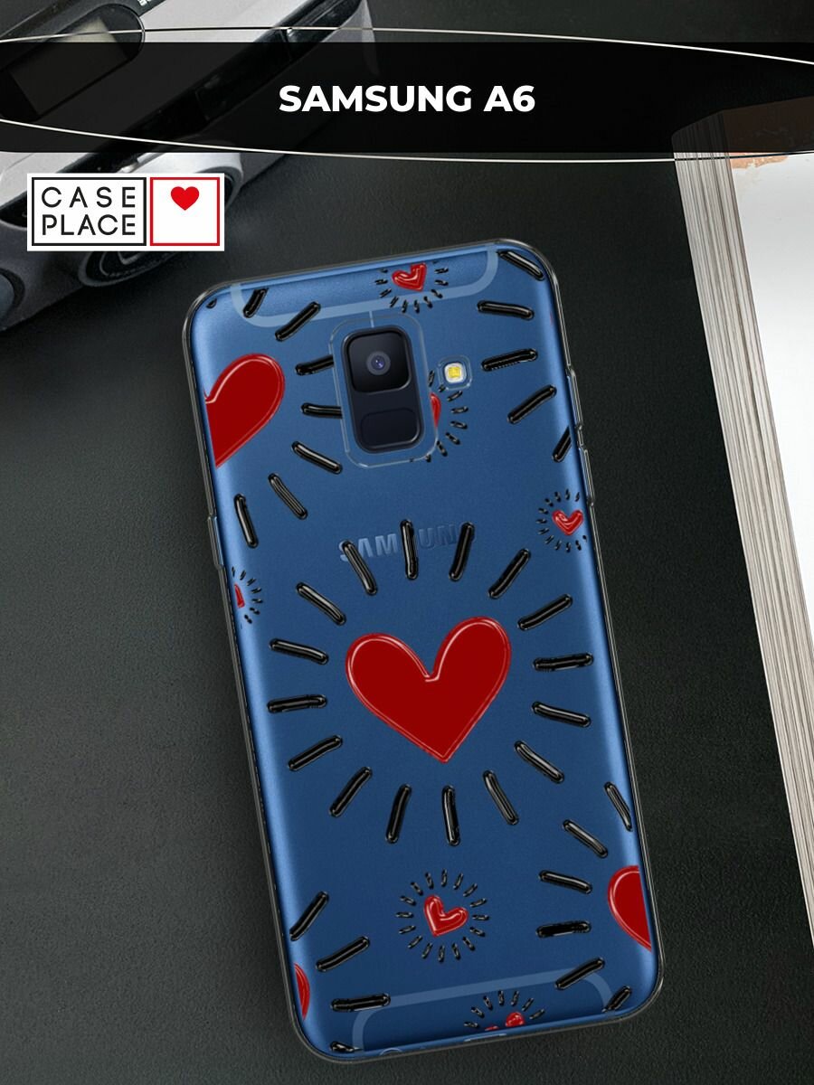 Чехол на Samsung Galaxy A6 / Самсунг Галакси А6 с принтом "Бордовые сердца паттерн"