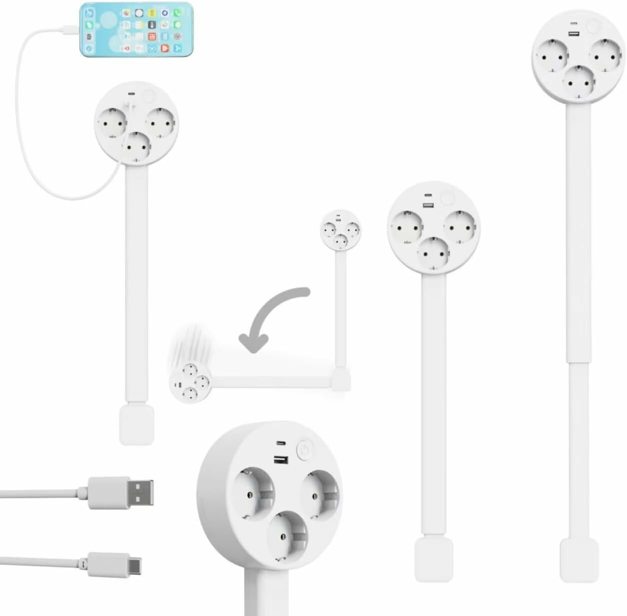 Сетевой удлинитель с USB-A и USB-C портами, длиной от 47 до 67 см, для размещения за мебелью с возможностью поворота на 180 градусов