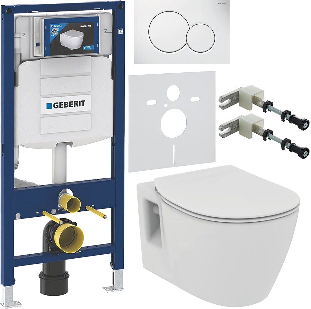 Комплект Унитаз подвесной Ideal Standard Connect E803501 / Крышка E772401 с микролифтом / Инсталляция Geberit Duofix UP 320 111.300.00.5, Кнопка Sigma белая, Крепления к стене, Шумоизоляция