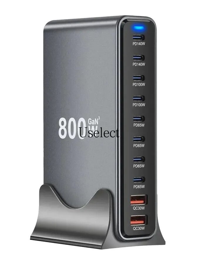 Быстрое зарядное устройство USB GaN, 10 портов 8C (PD) + 2A (QC3.0)