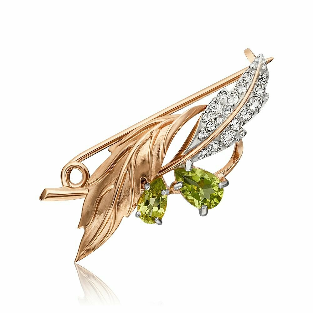 Брошь, красное золото, 585 проба, топаз, хризолит