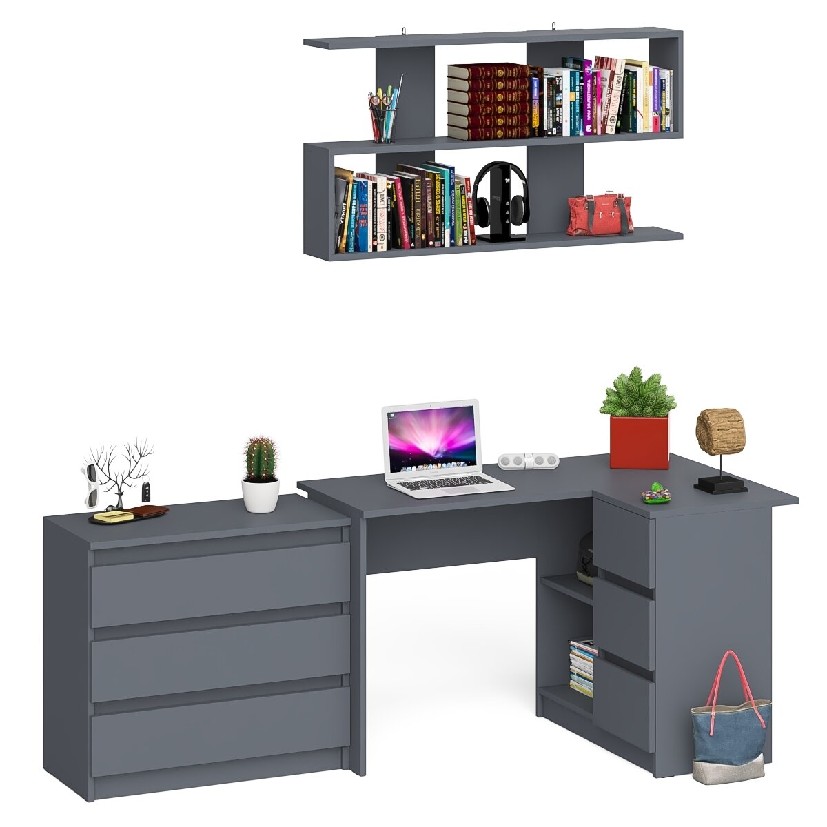 Стол компьютерный Мори МС-16 правый с навесной полкой и комодом МК800.1, графит, 204,8х84,9х209,6 см.