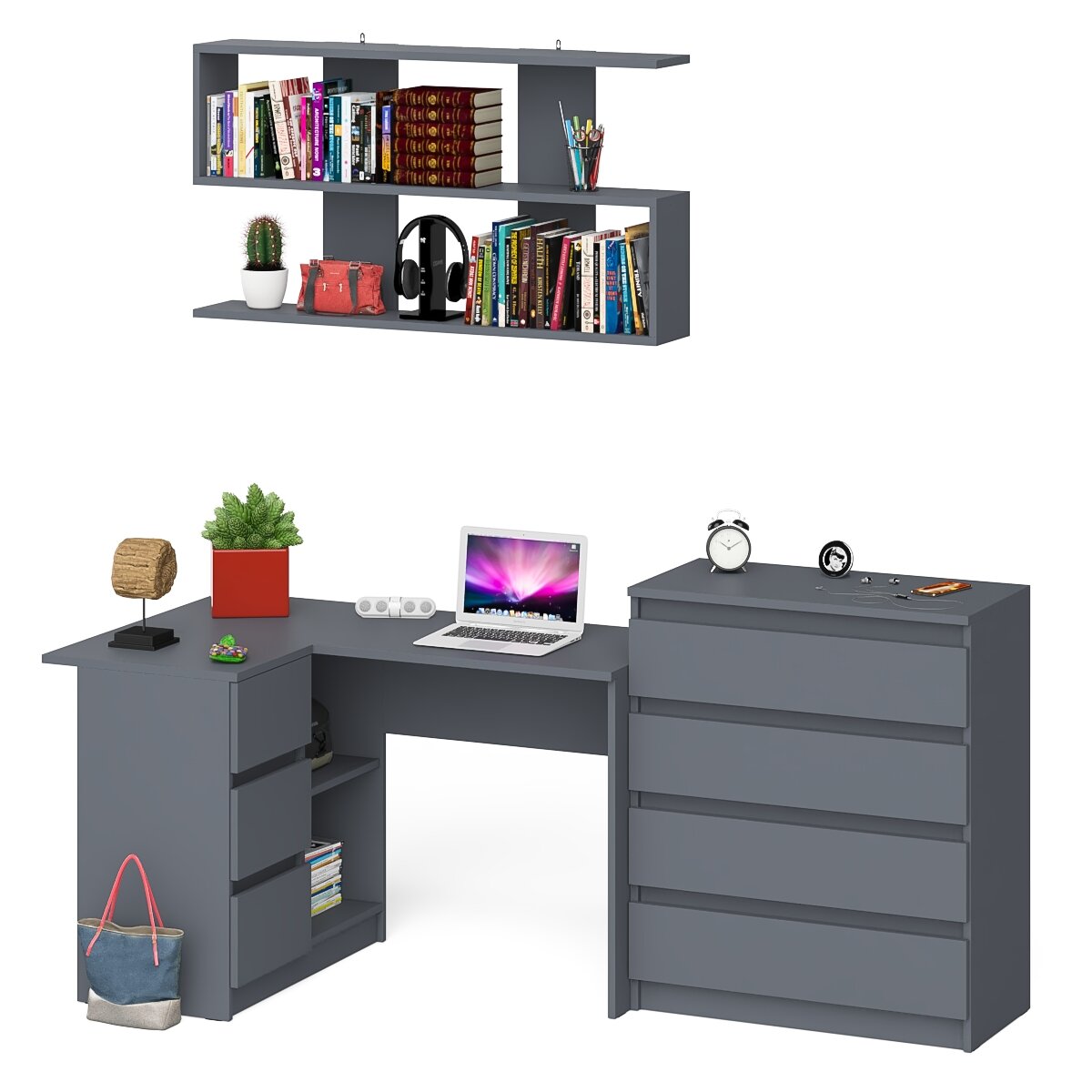 Стол компьютерный Мори МС-16 с 3 ящиками слева с книжной полкой и комод 4 ящика, графит, 204,8х84,9х209,6 см.