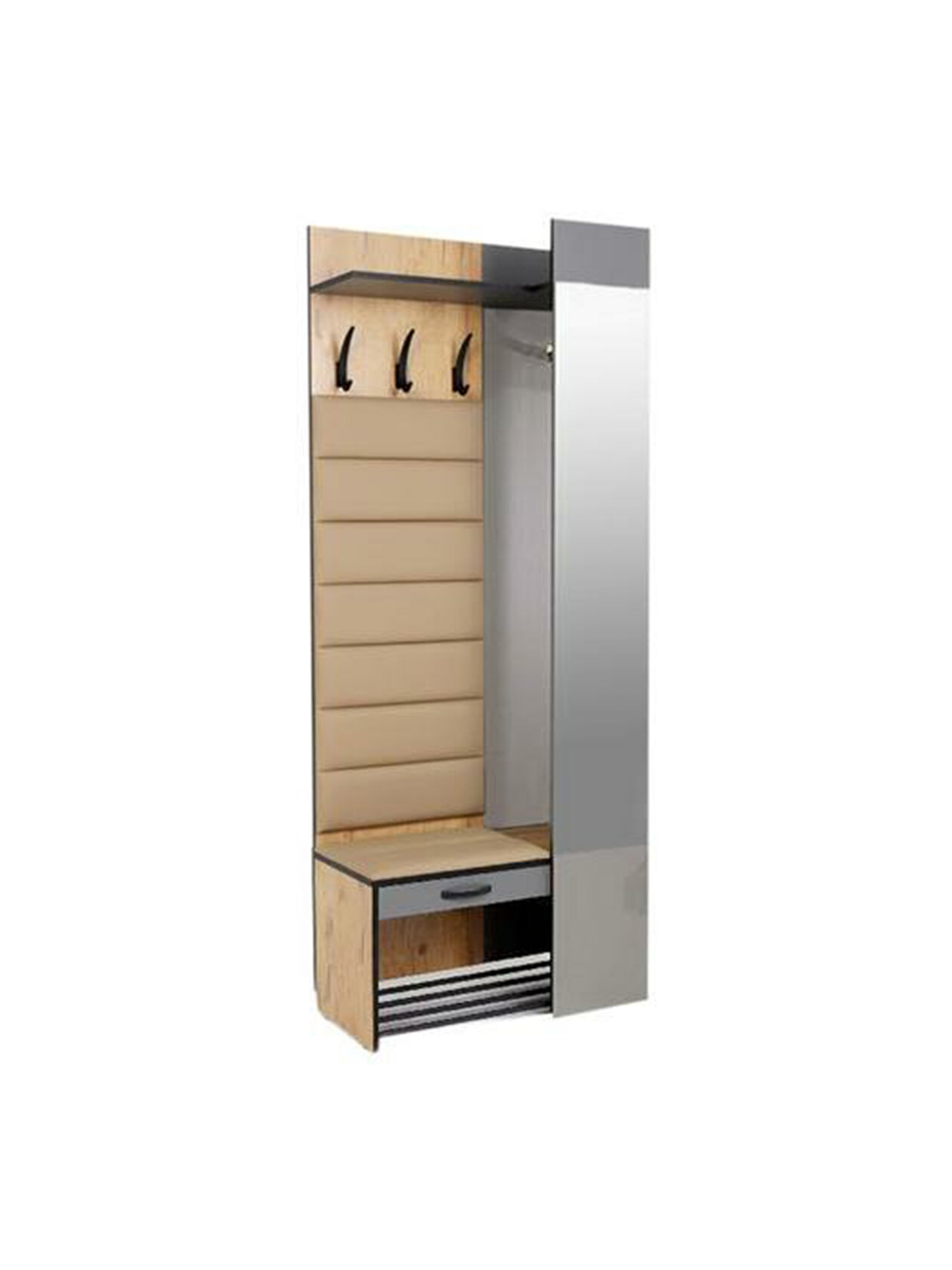 Прихожая комплект Ольга Эйр, с зеркалом, 80х35х200 см, Лофт Дуб Крафт золотой / Темно-серый / Бежевый, экокожа